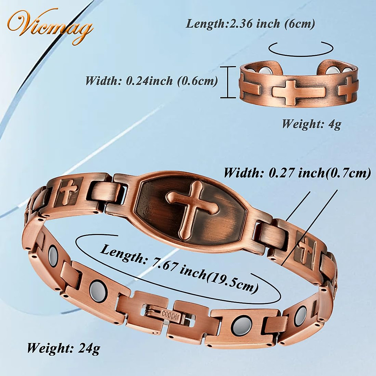 Vicmag Copper Magnetic Bracelet for Women 99.9% Solid Pure Copper Strong Magnets Jewelry Gift Adjustable Length