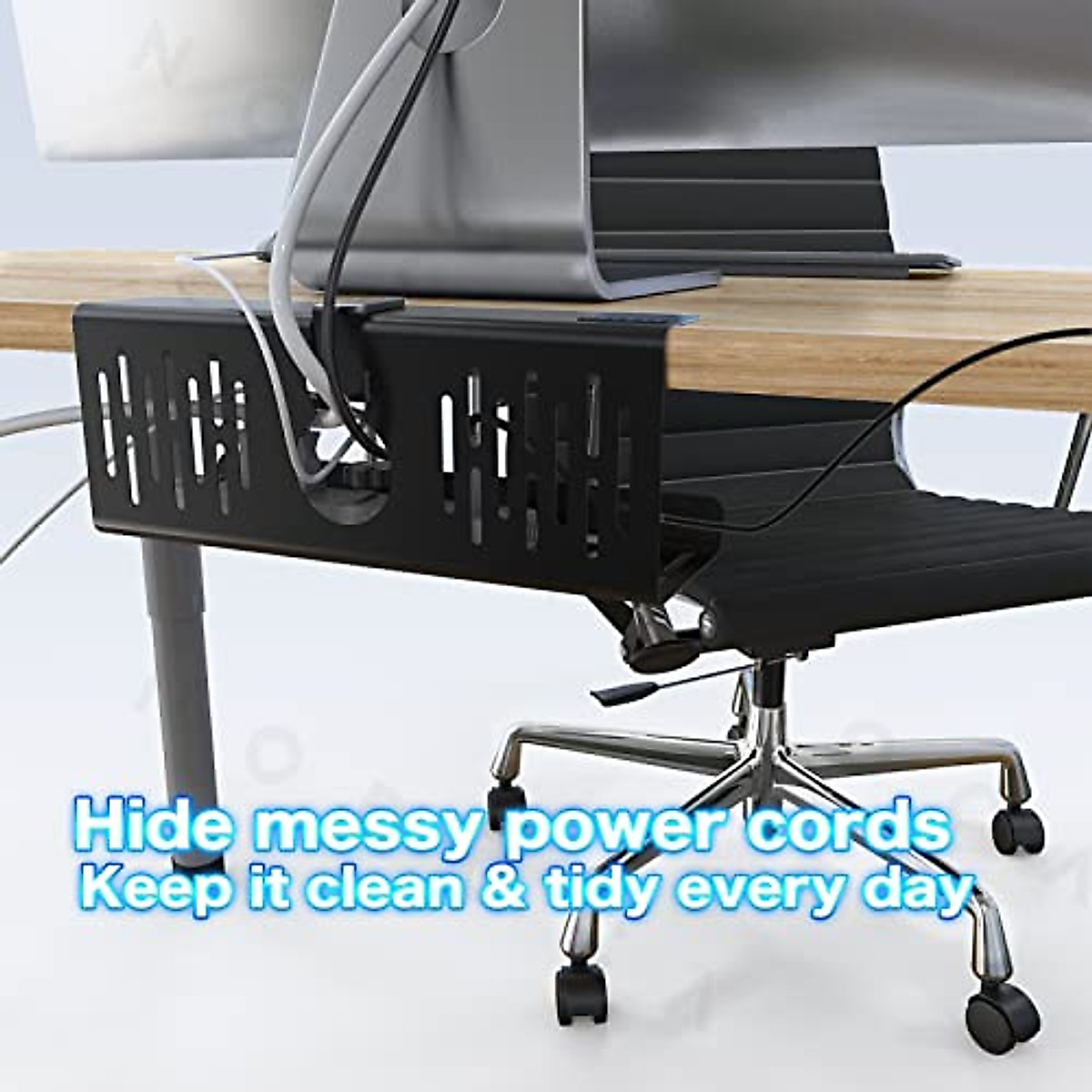 NODOCA No Drill Under Desk Cable Management Tray, 14'' Wire Management, Punch-Free Clamp on, Newest Metal Cable Tray, Wire Organizer Under Desk, Under Desk Basket for Office and Home, Black