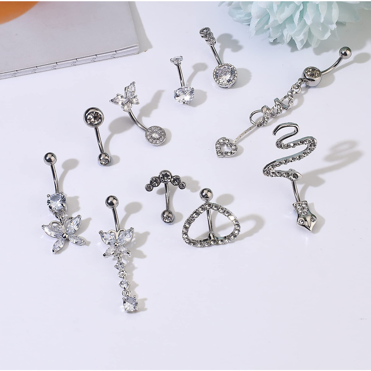 ORAZIO 14G Belly Button Rings Heart Snake Butterfly CZ Belly Button Rings Dangling Navel Rings For Women Cute Rose Gold Plated Belly Button Piercing Pack