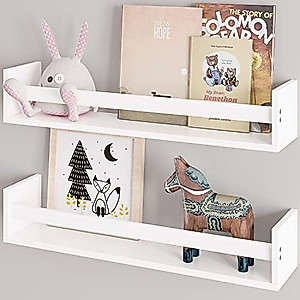 Ballucci Set of 2 Wall Mount Bookshelves, Wood Floating Wall Shelves with Towel Bar Rack for Nursery, Kitchen, Living Room, Bedroom, Bathroom, Office; 23 Inch - White