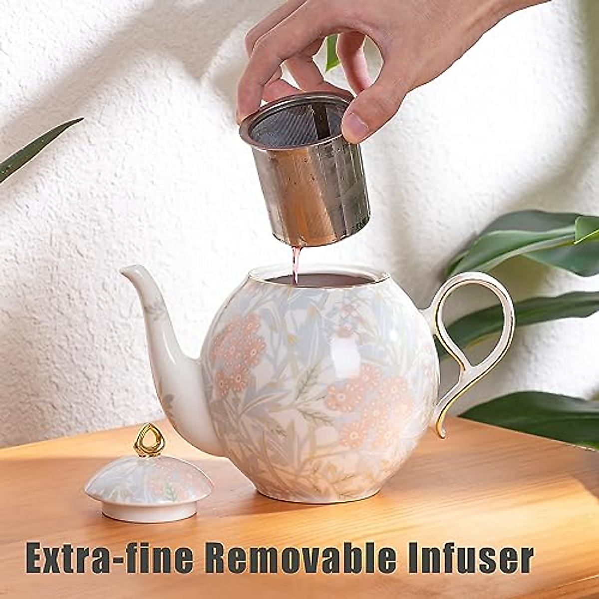 Taimei Teatime Porcelain Tea Set, European Teapot Set with 1 Teapot with Infuser (37 oz), 4 Tea Cups and Saucers, Tea Set for Woman with Lily Floral Pattern, Tea Gift Set For Tea Lover and Woman
