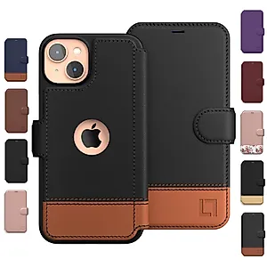 iPhone 15 Wallet Case for Women and Men, Case with Card Holder [Slim & Protective] for Apple 15 (6.1”), Vegan Leather i-Phone Cover, Cute Phone Case, Black & Brown, Sandy Night