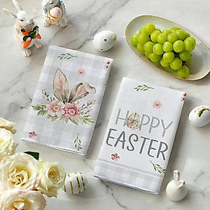Artoid Mode Happy Easter Bunny Flower Kitchen Dish Towels, 18 x 26 Inch Seasonal Spring Easter Rabbit Ultra Absorbent Drying Cloth Tea Towels for Cooking Baking Set of 2