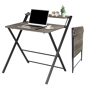 Folding Desk, 31.9 Inch Foldable Writing Table 2 Tier, Computer Desk for Home Office Study, Metal Frames/Wood Table Top, Space Saving, No Assembly Required, Brown
