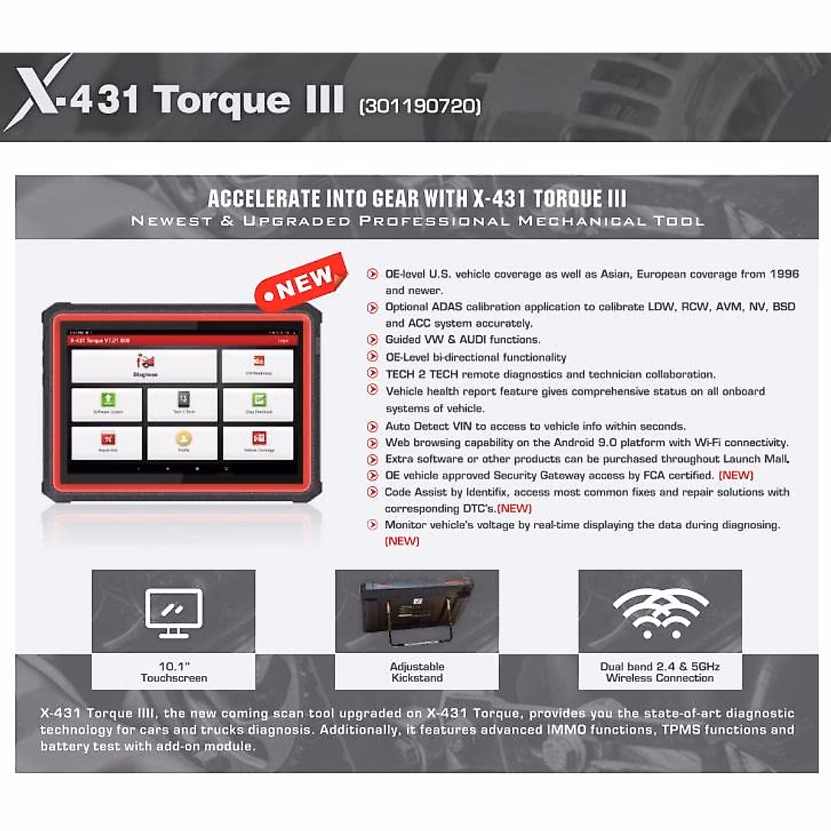 Launch Tech US Version X-431 Torque III Professional Automotive Code Assist Scan Tools, OBD2 Scanner 10.1”inch touch screen Full System Car Diagnostic Scan Tool, Free Update (301190720)