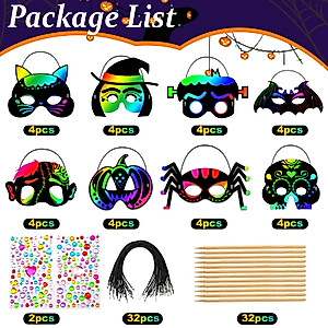 Natonhi 32Pcs Halloween Crafts for Kids Rainbow Scratch Mask, Halloween Games Scratch Art and Craft Kit Halloween Classroom Activities Favors Party Supplies