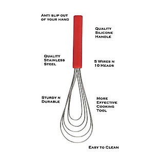Flat Whisk Silicone Handle Non Slip 10" - 5 Wires Whisk with 10 Heads for Kitchen Cooking Color Red by Jell-Cell