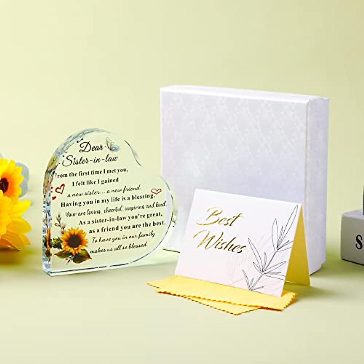 YWHL Sister in Law Birthday Gifts, Unbiological Sister Gift, Heart Shape Glass Keepsake Decor Anniversary Wedding Gifts for Sister In Law, Thanksgiving Christmas Gift