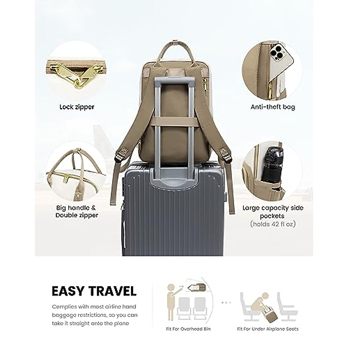 LOVEVOOK Laptop Backpack for Women 15.6 Inch, Travel Backpack Personal Item Size Carry On Bag, Women’s Computer Backpack Work Laptop Bag With Water-Resistant, College Backpack Teacher Nurse Bag, Khaki