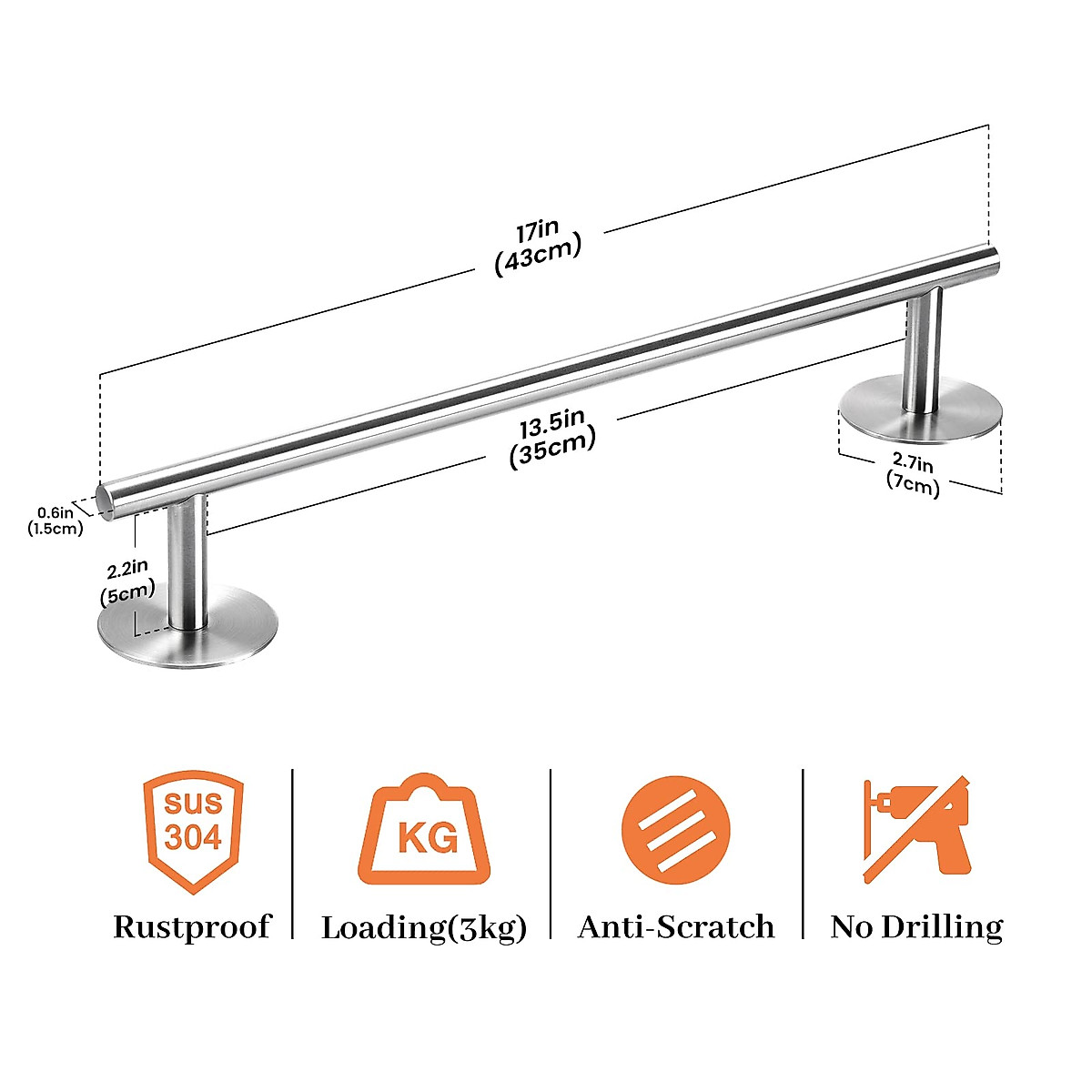 Towel Bar for Bathroom: 17 Inch Self Adhesive Bath Towel Bar - SUS304 Stainless Steel Towel Racks Wall Mounted - No Drill Shower Towel Holder for Bathroom, Kitchen, Cabinet