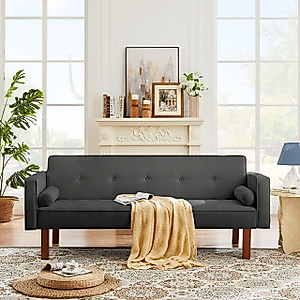 Anwick Modern Fabric Sofa Bed Futon,Convertible Sleeper Loveseat with 2 Pillows & Armrests,75" Folding Recliner Couch Bed with Solid Wood Legs for Living Room Bedroom Office Dorms (Dark Grey)
