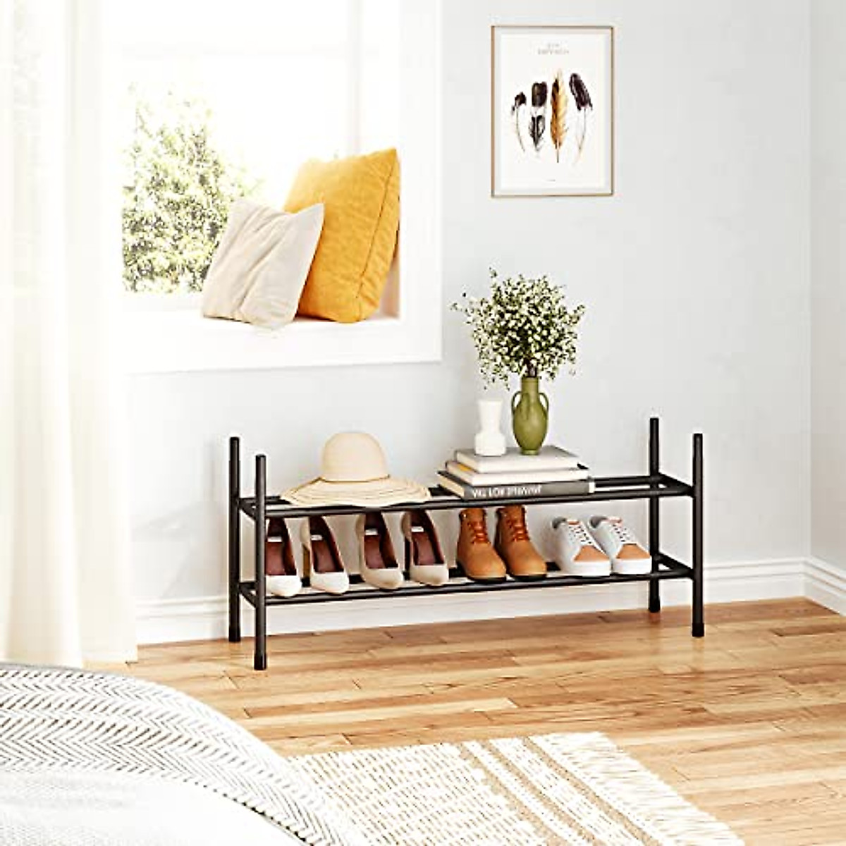 FANHAO 2-Tier Expandable Shoe Rack, Stackable and Adjustable Shoes Organizer Storage Shelf for Closet Entryway, 100% Stainless Steel Sturdy Shoe Shelf, Matte Black