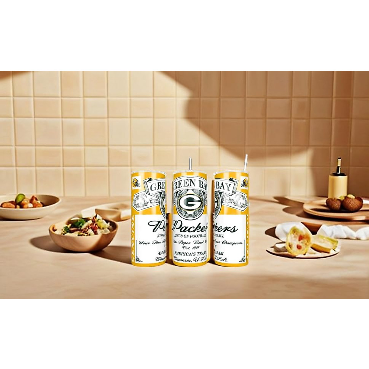 Alpha Custom Printing Green Bay Foootball Team (Look-alike) Beer Can 20oz tumbler with straw