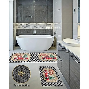 Christmas Bath Mat for Tub,Non Slip Bathroom Floor Runner Rug Quick Dry & Absorbent Diatomaceous Earth Shower Sink Bedroom Kitchen Washable Doormat,Red Truck Snow Tree Black Checkered 16x24+16x47