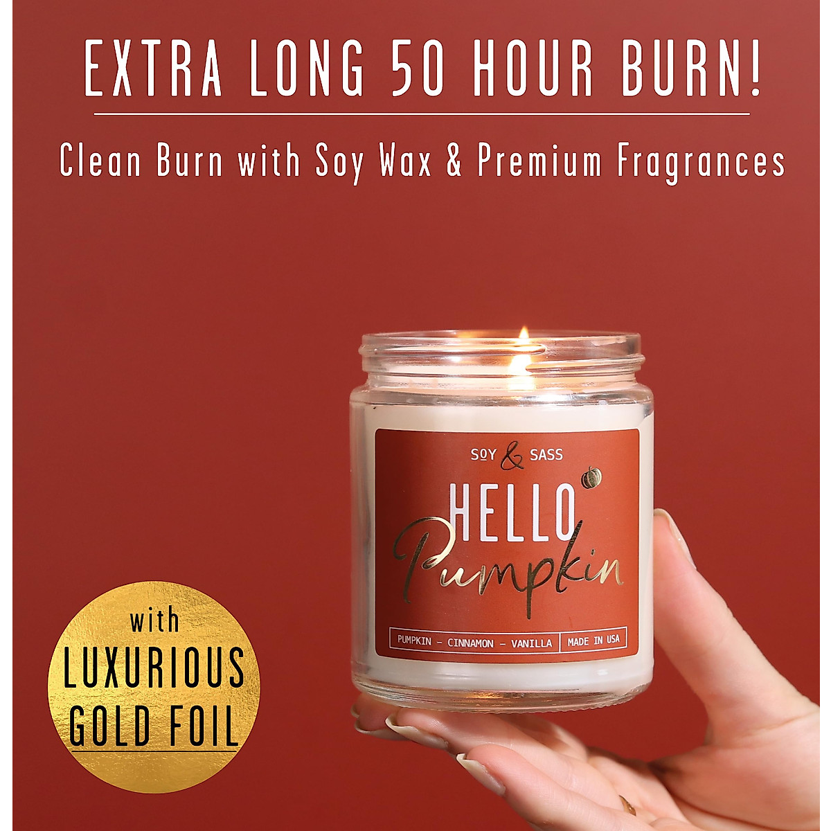 Fall Candles, Pumpkin Candle - 'Hello Pumpkin' Soy Pumpkin Spice Candle I Infused with Essential Oils I Fall Candle Decor, Fall Scented Candle I 9oz Reusable Jar I 50 Hour Burn I Made in USA