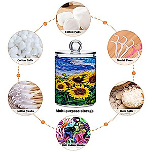 Sunflowers Fields Qtip Dispenser Apothecary Jars Spring Summer Floral Autumn Yellow Flowers Bathroom Qtip Holder Storage Canister Plastic Jar 10 Oz for Cotton Ball Swab Round Pads Floss 2pcs