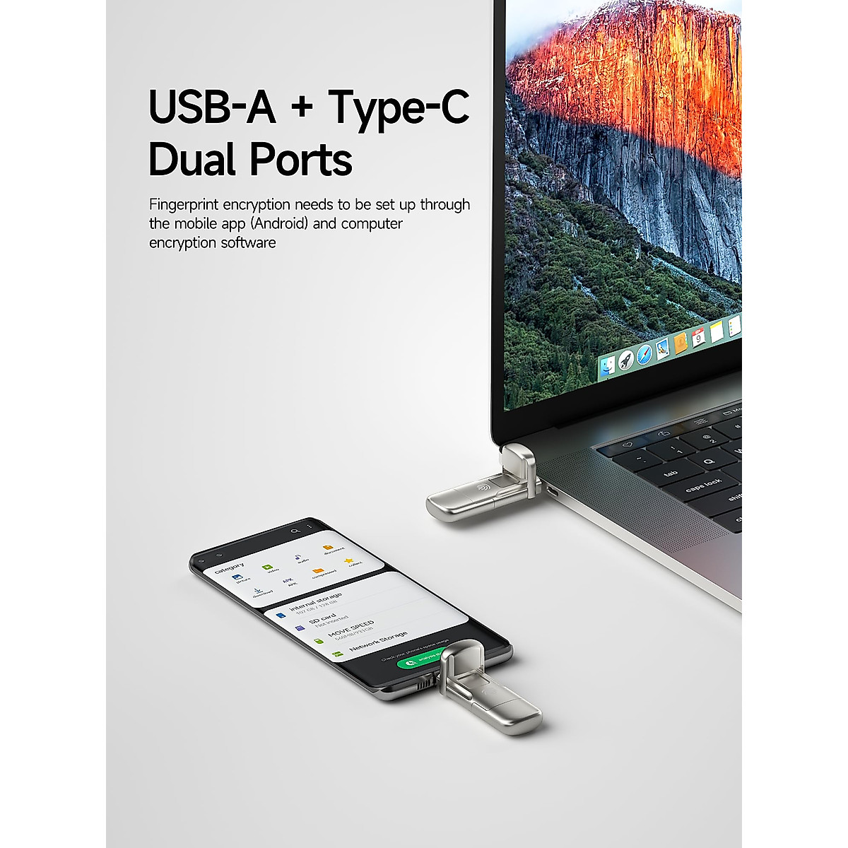 MOVE SPEED 1TB USB3.2 Solid State USB Flash Drive 520MB/s AES256 & Fingerprint Encryption Type C USB Gen 2 Thumb Drive