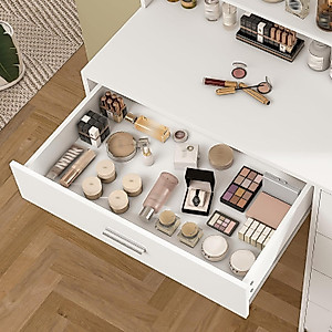 Quimoo Makeup Vanity Desk with Mirror & Lights, Vanity Desk with 5 Drawers & Storage Shelves, Vanity Table, 3 Color Modes & Adjustable Brightness Dressing Table, Bedroom