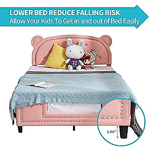 CECER Twin Bed Frames for Kids, Pink Children Platform Bed, Kid Bed Frame with Bear Shaped Headboard, Faux Leather Upholstered, Rivet Decoration, Wood Slats, No Spring Box Needed