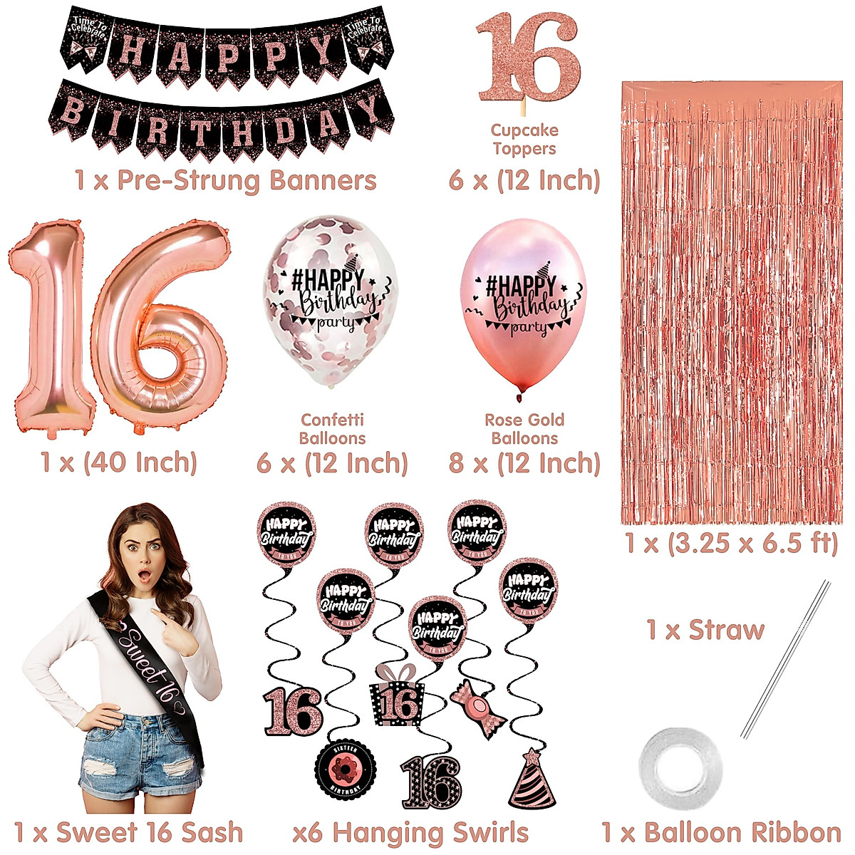 Happy 16th Birthday Decorations For Girls - Sweet 16 Party Decorations Pink, Sweet 16 Birthday Decorations For Girls, Sweet 16 Balloons, 16th Birthday Girl, 16th Birthday Balloons Sweet 16 Decorations