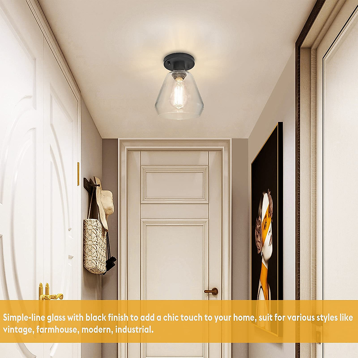 2-Pack Modern Industrial Semi Flush Mount Ceiling Light with Clear Glass Shade, Black Farmhouse Ceiling Light Fixtures for Hallway Bedroom Porch Kitchen Corridor, E26 Socket, Bulbs Not Included