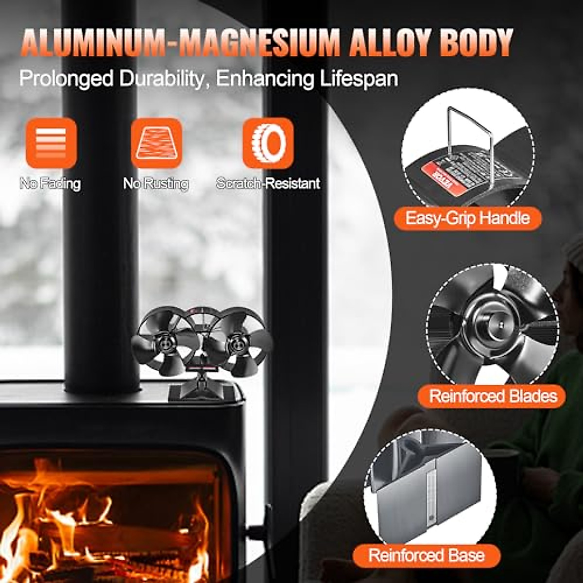 VEVOR Wood Stove Fan Heat Powered, 8 Blades Fireplace Fan Non-Electric, Quiet Thermoelectric Fan for Wood Burning Stove/Pellet/Log Burner, (with Accessories Magnetic Thermometer), Dual Motors