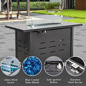 4 Piece Patio Furniture Set 45 Inches Fire Pit Table Outdoor Furniture Sets Patio Couch Outdoor Chairs 50000 BTU Propane Fire Pit with Non-Slip Cushions and Waterproof Covers, Navy Blue