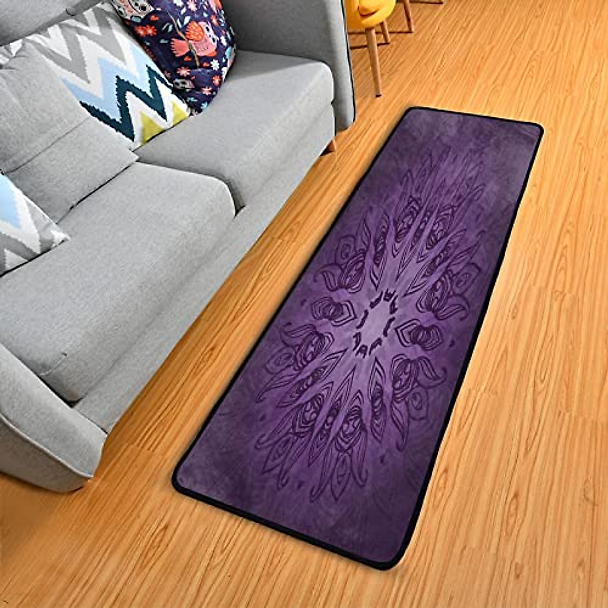 Qilmy Purple Mandala Runner Rug,Anti Fatigue Comfort Floor Mats Kitchen Long Rugs for Bedroom Living Room Bathroom Hallways Entryways 72x24inch
