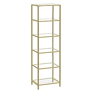 VASAGLE Bookcase, 6-Tier Bookshelf, Slim Shelving Unit for Bedroom, Bathroom, Home Office, Tempered Glass, Steel Frame, Gold Color ULGT500A01