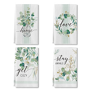 Artoid Mode Eucalyptus Get Cozy Love Home Kitchen Towels, 18 x 26 Inch Holiday Spring Summer Wedding Daily Fingertip Towel Tea Bar Hand Drying Cloth Kitchen Bathroom Gift Set of 4
