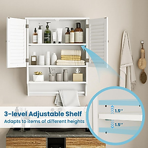 Giantex Bathroom Cabinet Wall Mounted - Hanging Medicine Cabinet with 2 Louvered Doors, 3-Position Adjustable Shelf, Towel Bar, Above Toilet Cabinet, Over The Toilet Space Saver Cabinet (White)