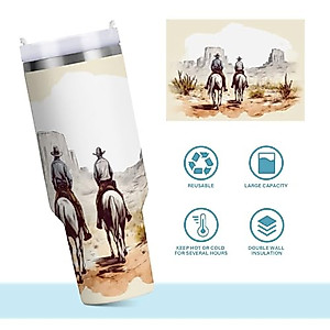 Jihqo Western Cowboys 40 oz Stainless Steel Vacuum Insulated Tumbler with Handle and Straw Lid, Leakproof Water Bottle Double Wall Travel Mug Coffee Cup, Cupholder Friendly