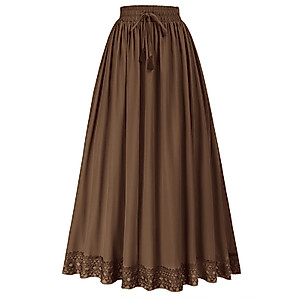 Women’s Elastic Waist Maxi Skirt Vintage Medieval A-Line Long Skirt Brown M