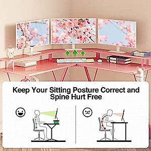 SEVEN WARRIOR Gaming Desk 50.4” with LED Lights& Power Outlets, L-Shaped Gaming Desk Carbon Fiber Surface with Monitor Stand, Ergonomic Pink Gaming Desk with Cup Holder, Headphone Hook