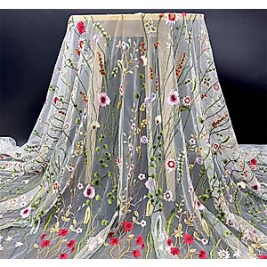 Buchuang Lace Fabric, 2 Yards Beautiful Seaweed Floral Embroidery Lace Tulle Fabric White Mesh Fabric DIY Wedding Sewing AccessoriesParty Dress (White mesh)