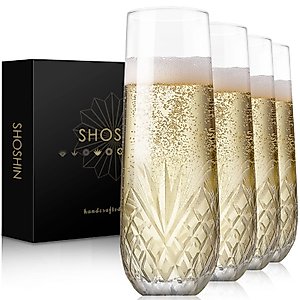 SHOSHIN Stemless Champagne Flutes, Hand Made, Set of 4, Toasting champagne glasses, Wedding Party Cocktail Cups, Wine Flute, Mimosa Glasses Set, Water Glasses, Highball Glass, 9.5oz