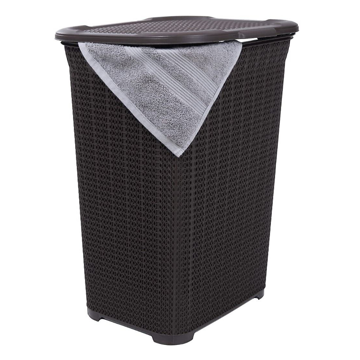 Plastic Laundry Hamper with Lid, Knit Designed Laundry Hamper Basket, 50 Liter Brown Cloths Hamper Organizer with Cut-out Handles. Space Saving for Laundry Room Bedroom Bathroom.