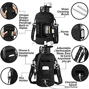 Half Gallon 2.2L Sports Water Bottle With Straw and Built In Wallet 74oz Large Gym Drink Container, Storage Sleeve, Bottle Brush, Phone Pocket - BPA Free Big Jug, Carry Handle Aesthetic Look - Black