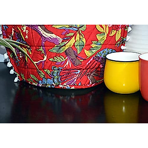 Tea Cozy Cotton Vintage Floral Tea Cosy for Teapots Keep Warm Teapot Cover Insulated Kettle Cover Tea Cozies with pom pom (Red Bird with white pom pom)