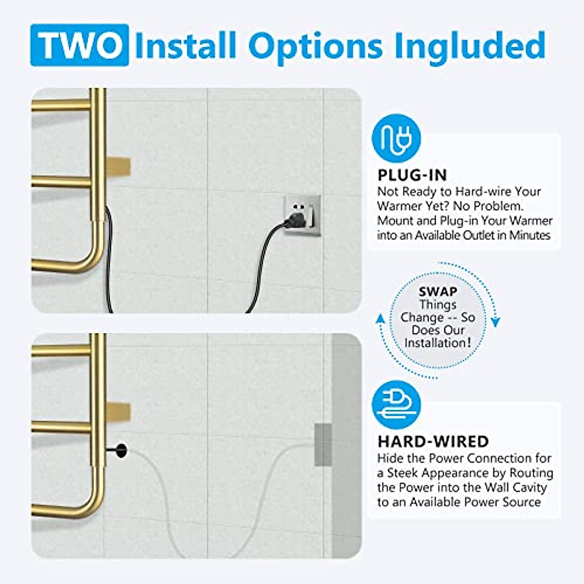 VJASS Towel Warmer for Bathroom,4 Timer Settings,3 Min Fast Heating,Intelligent Automatic Shutdown,Towel Warmers for Bathroom Rack Plug-in/Hardwired (Brushed Gold)