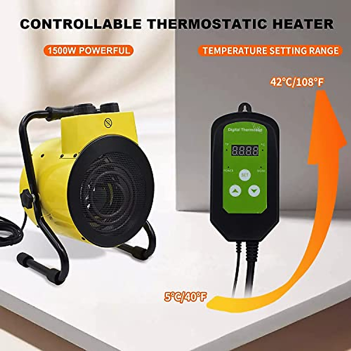 AKUSAKO Electric Greenhouse Heater with Digital Thermostat for Green House, Grow Tent Heaters, Overheat Protection, Fast Heating for Workplace, Yellow