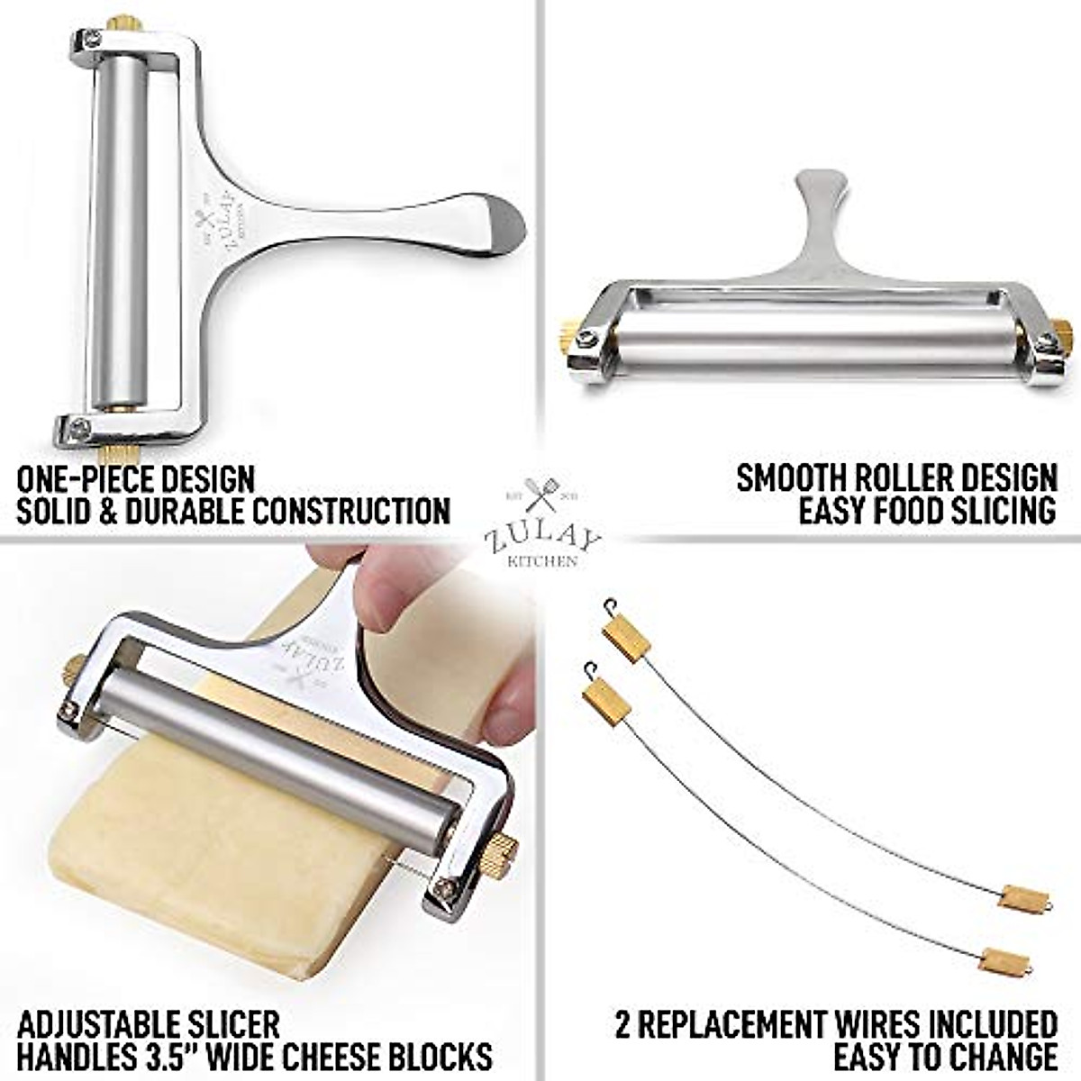 Zulay Cheese Slicer With Adjustable Thickness - Wire Cheese Slicer For Mozzarella Cheese, Cheddar Cheese, Gouda Cheese - Cheese Slicers For Block Cheese Heavy Duty With 2 Extra Wires (Silver)