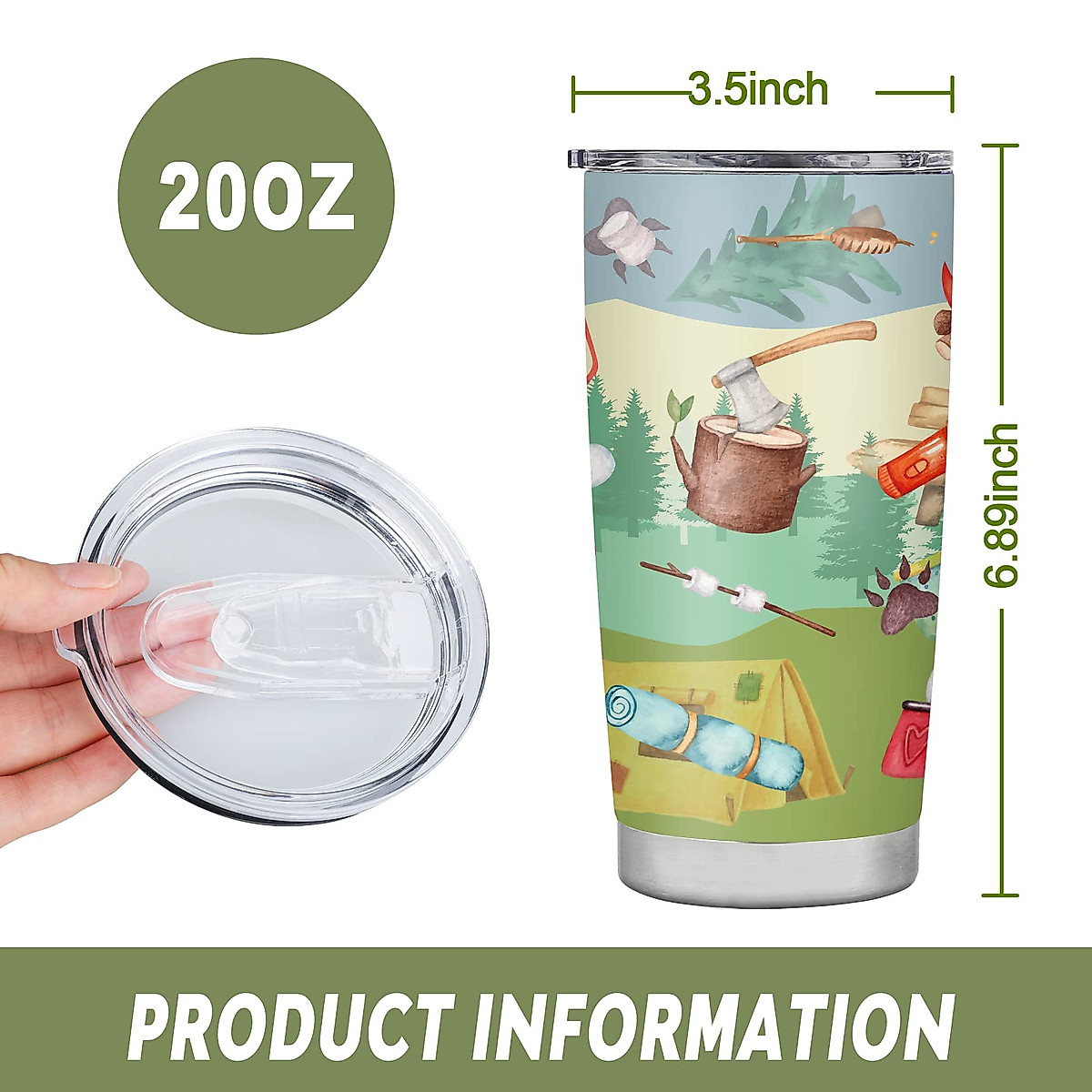 Delsakhula Happy Camper Tumbler - Insulated Stainless Steel Travel Mug With Lid - 20 OZ Gift for Women Men - Birthday Coffee Cup