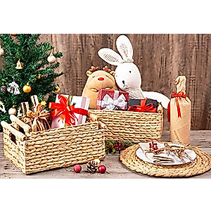 Large Water Hyacinth And Seagrass Basket Storage Wicker Basket Rectangular with Wooden Handles for Shelves