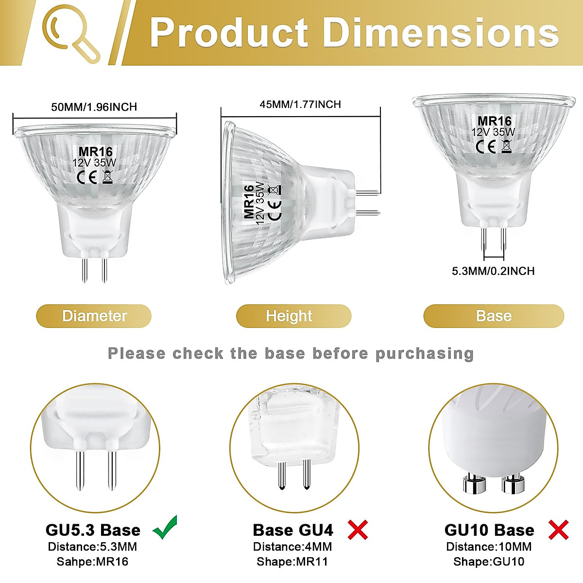 MR16 Halogen Bulb 35W 12V Halogen Light Bulbs 2 Pin GU5.3 Base Dimmable Spotlight with Clear Glass Cover for Landscape Lights, Track Lights, Desk Lamps, 2700K Warm White, 6 Pack