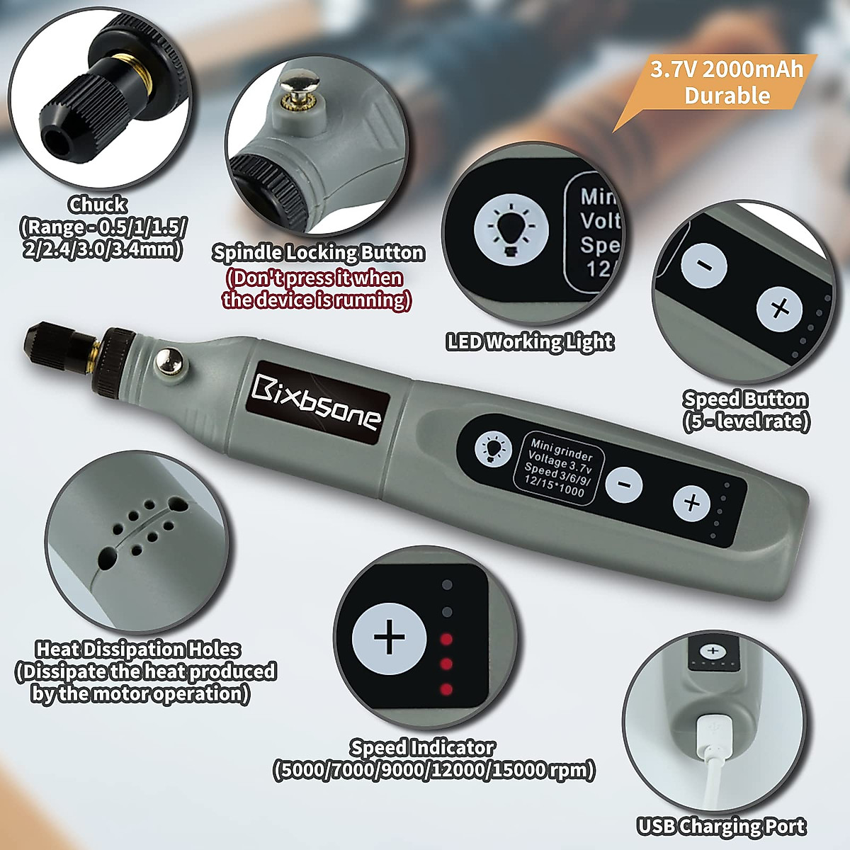 63pcs Cordless Rotary Tool, Mini Power Rotary Tool, 5-Speed and USB Charging 3.7V Rotary Tool Kit with 62 Accessories for Sanding, Polishing, Drilling, Etching, Engraving, DIY Crafts 1