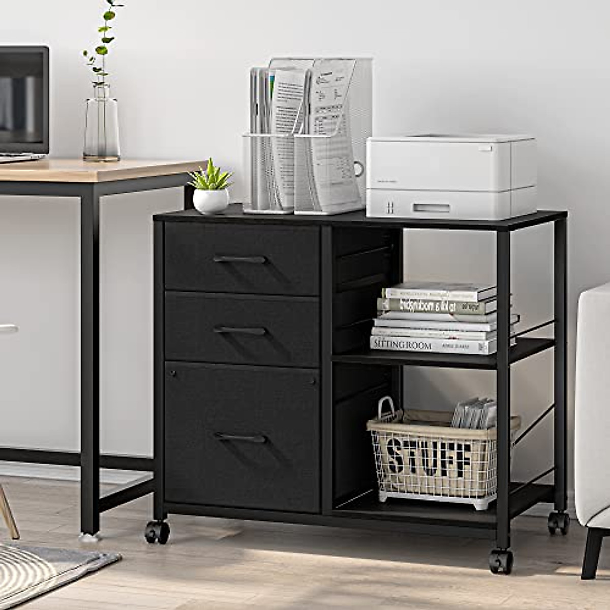 Raybee 3 Drawer Filing Cabinet for Home Office Mobile Lateral Office File Cabinets Rolling Printer Stand Fits for A4 / Letter/Legal,26.6" H x 29.7" W x 16.9" D Black