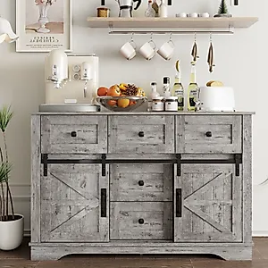 Vabches Farmhouse Sideboard Buffet Cabinet with Storage, Large Kitchen Sideboard Cabinet, Sliding Barn Doors and 5 Drawers, Adjustable Shelves, Coffee Bar Table for Dining Room, Light Rustic Oak