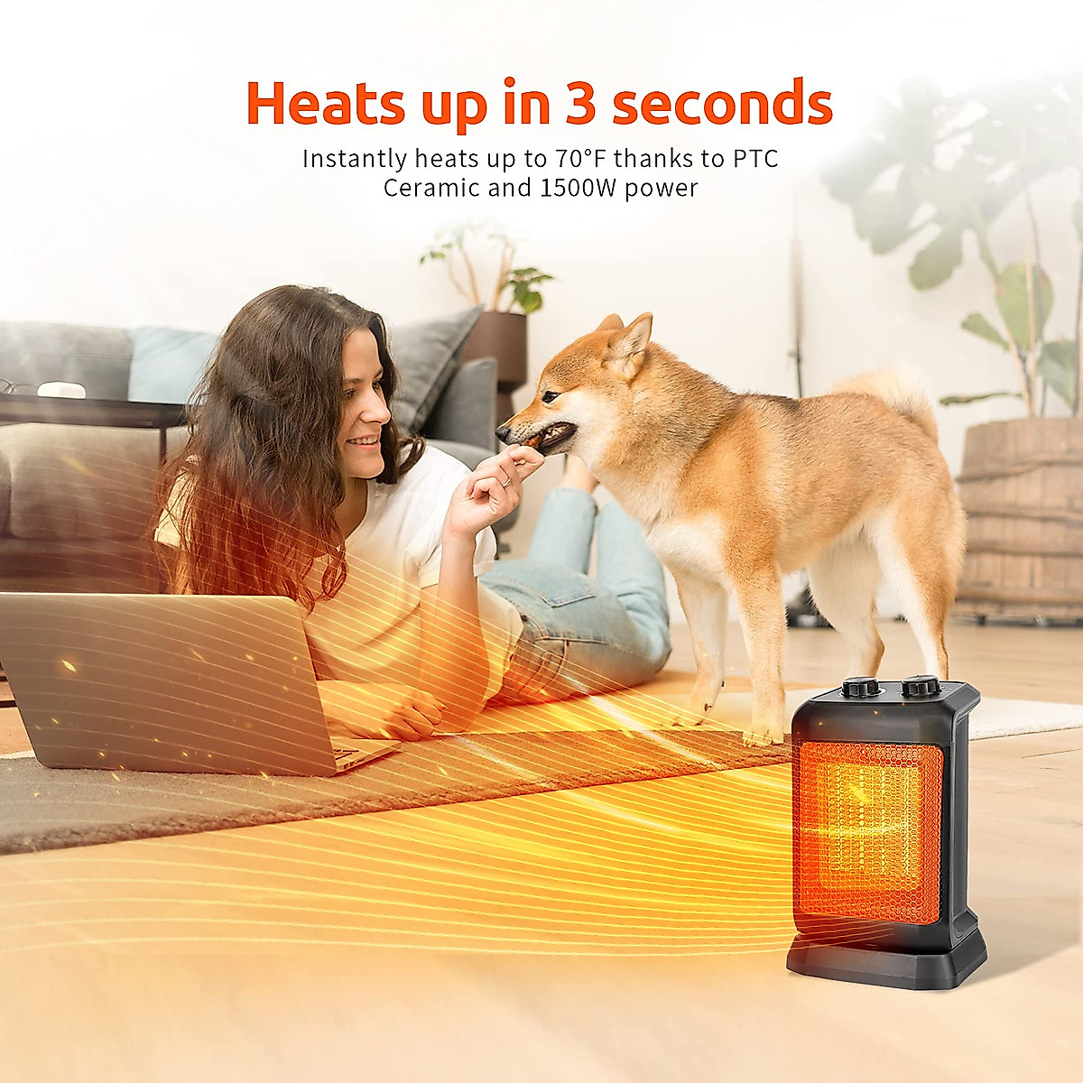 EVELYN Oscillating Space Heater, 1500W Electric Heaters Portable with Thermostat, Safe and Quiet, PTC Fast Heating Ceramic Room Small Heater Fan for Home Office Indoor Use