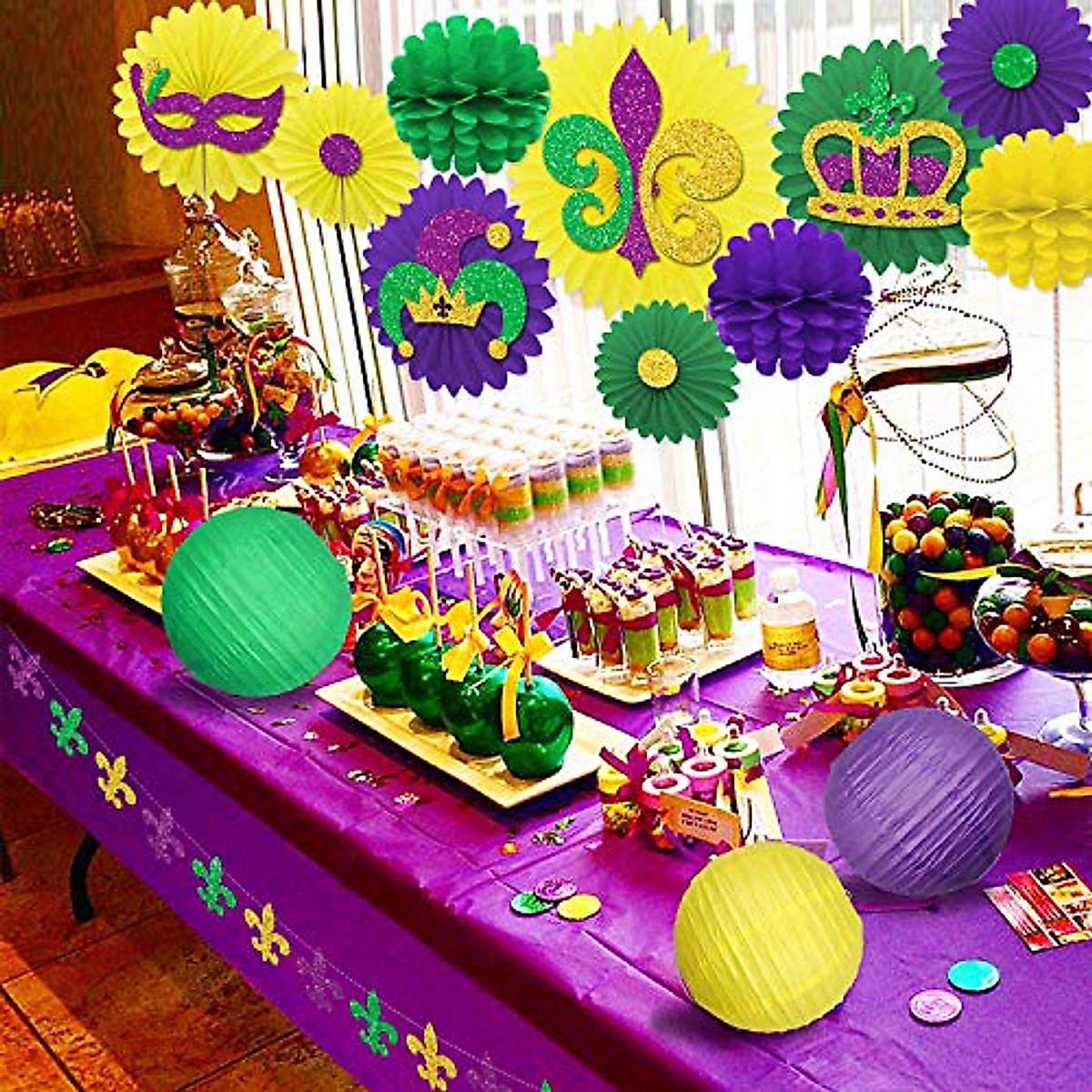 Mardi Gras Paper Fan Decoration Kit Fleur De Lis Flower Garland Green Gold Purple Glittery Cutouts Paper Honeycomb Balls Lanterns Backdrop for Mardi Gras Theme Birthday Masquerade Party Supplies New Orleans Carnival Favors